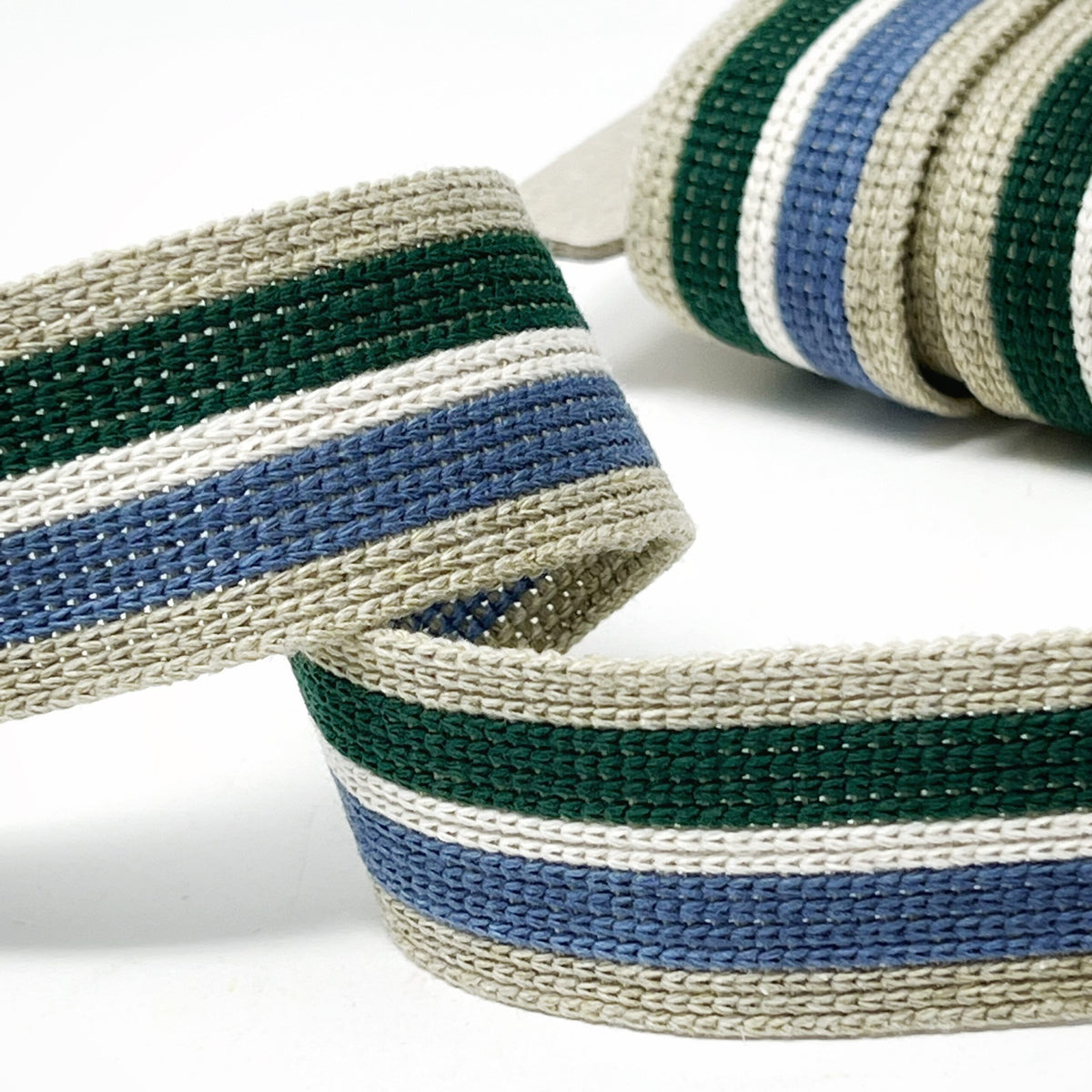 40mm Flat Woven Webbing - Stone, Green, Ecru & Blue Stripe – Fabworks ...